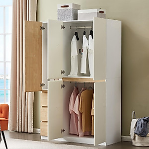 Idealcabin Closet Wardrobe 3 Doors White Wood Armoire Wardrobe Closet Cabinet with Hanging Rod 3 Drawers for Bedroom Armoires Tall Clothes Storage Closets(20.5" D x 47.2" W x 74.8" H)