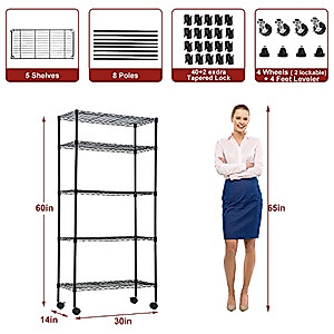 5 Tier Shelf Wire Shelving Unit, NSF Heavy Duty Wire Shelf Metal Large Storage Shelves Height Adjustable Utility for Garage Kitchen Office Commercial Shelving Steel Layer Shelf - 14"x30"x60", Black