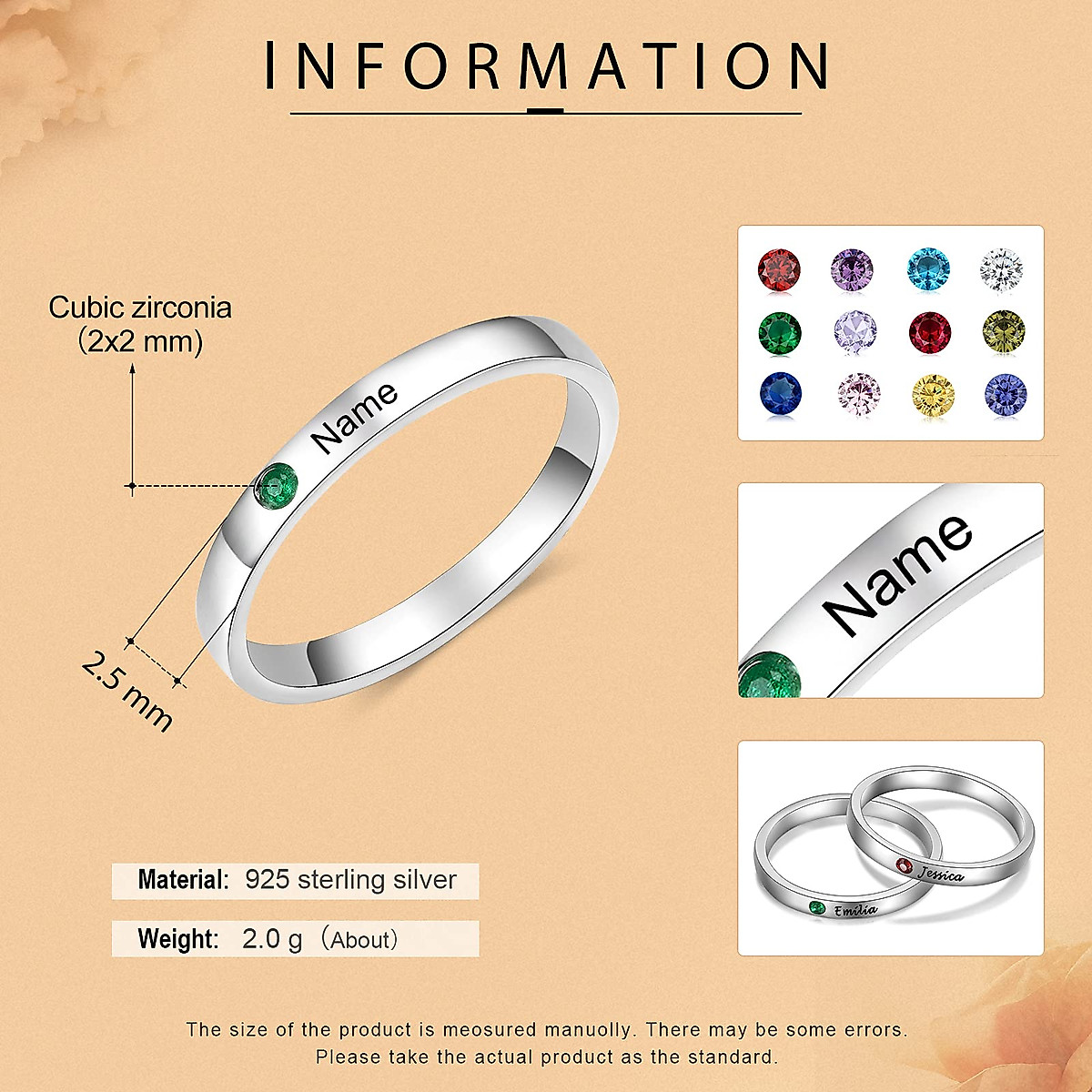 Lovejewelry 2PCS Personalized Custom Engraved Name Initial Rings with Simulated Birthstones Customized Best Friend Rings for Women Girls (2PCS)