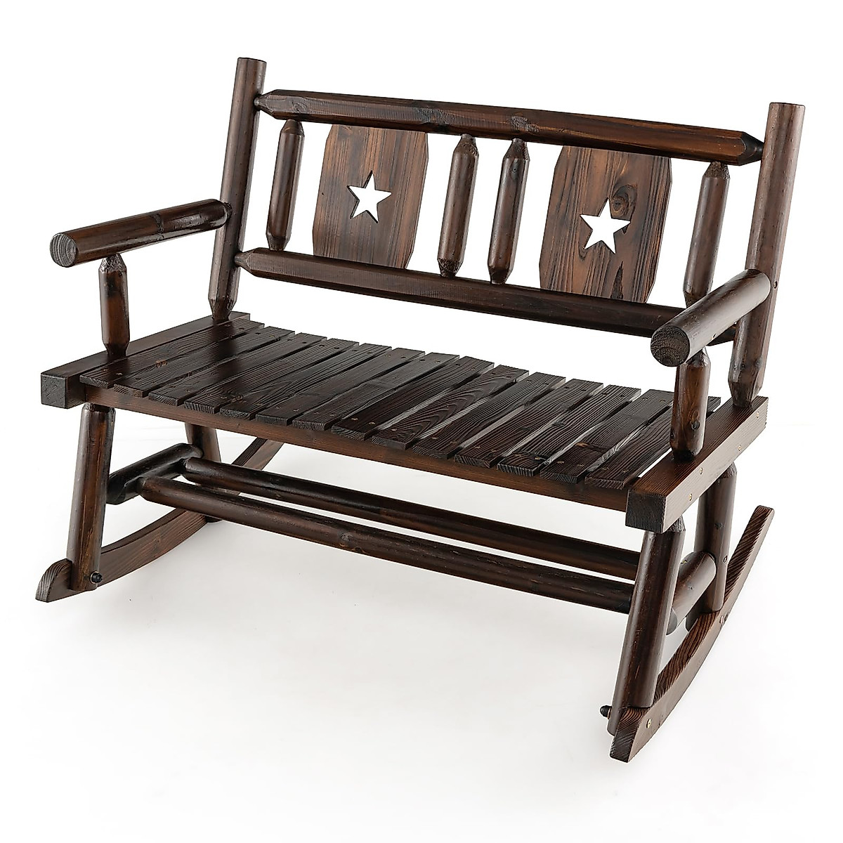 Giantex Outdoor Rocking Bench, Patio Loveseat Rocker for 2 w/Ergonomic Back & Log Arms, Carbonized Fir Wood Frame, Wooden Double Rocking Chair for Porch, Garden, 710 LB Capacity, Rustic Brown