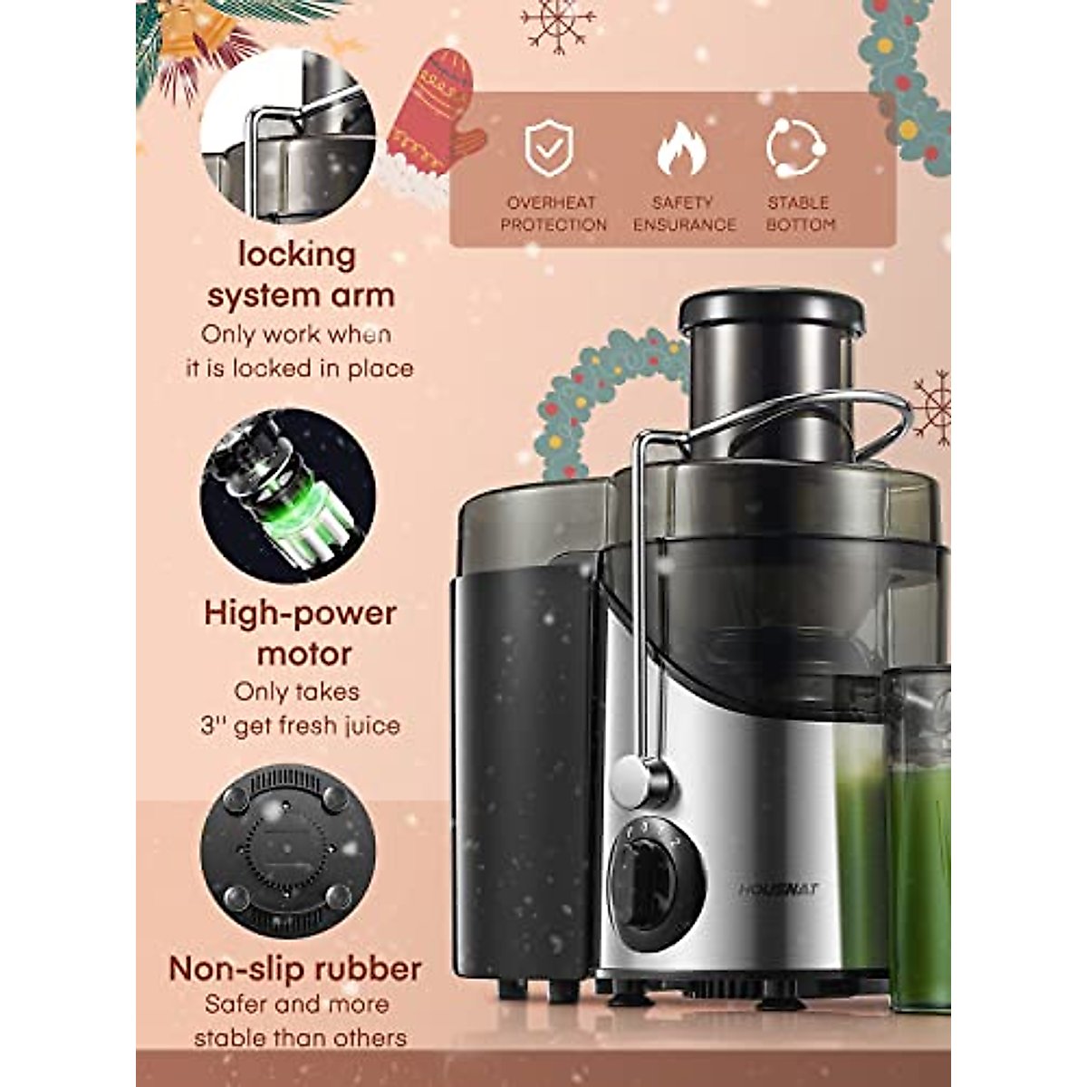 Juicer Machines, Juicers Extractor Easy to Clean, HOUSNAT Centrifugal Extractor Juicer 3 Speeds with Big Mouth 3" Feed Chute, Juicer Extractor for Fruits & Vegs, Electric Juicer with Anti-Slip, BPA-Free