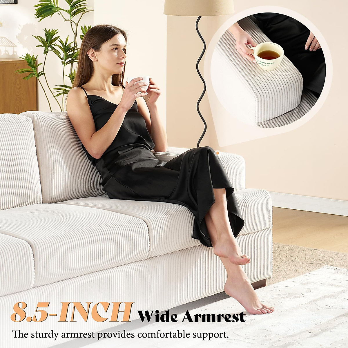 AMERLIFE 89in Couch, Comfy Sofa with Wood Legs, 3 Seater Modern Sofa- Deep Seat Couches for Living Room (Corduroy, White)