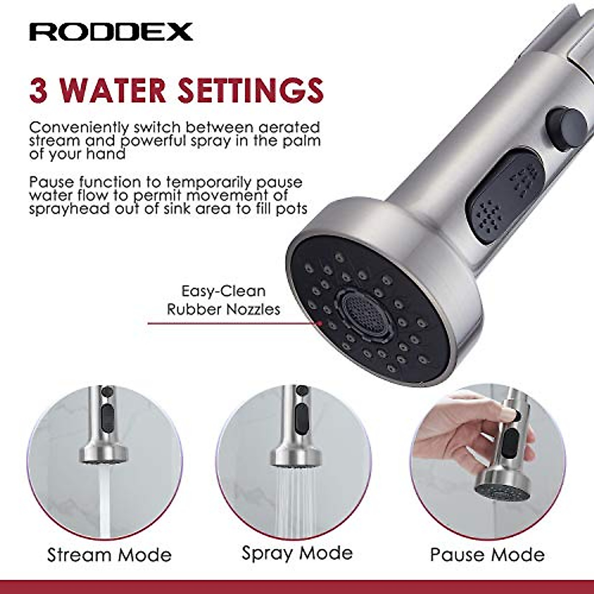 RODDEX Kitchen Faucet Stainless Steel Solid Brass Single Handle Single Hole Sink Faucets with Pause Button, 3 Hole Cover Deck Plate Pull Out Pullout Sprayer, Silver & Brushed Nickel …