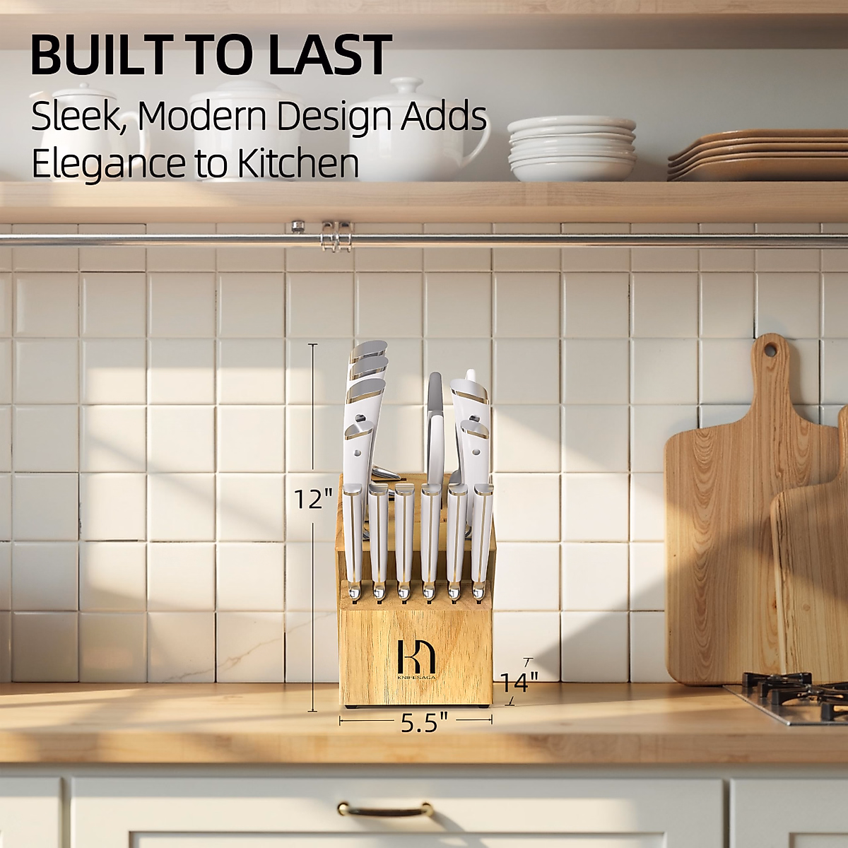 2024 Upgraded Knife Set Premium Japanese 15 Piece High Carbon Stainless Steel Kitchen Knife Block Sets with Sharpener, Razor Sharp Knives Set for Kitchen with Angled Natural Wood Knife Block