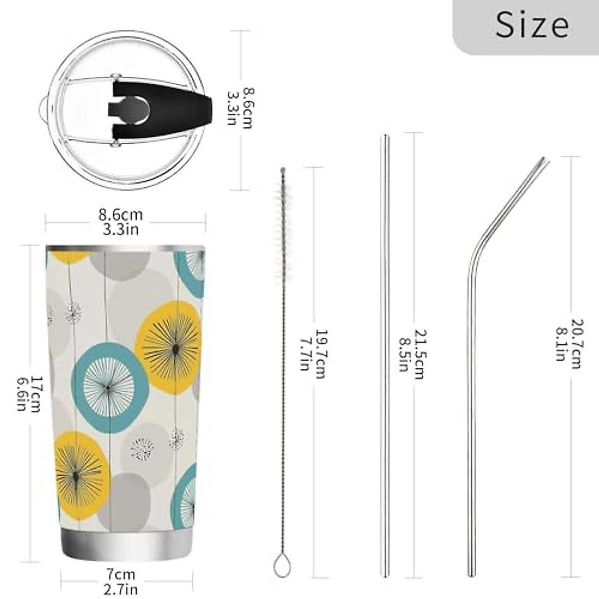 Dandelion Geometric Abstraction Stainless Steel cup for men with Straw Leak Resistant Flip travel coffee mug spill proof for Water, Iced Tea or Coffee Aesthetic tumbler with lid and straw 20 OZ