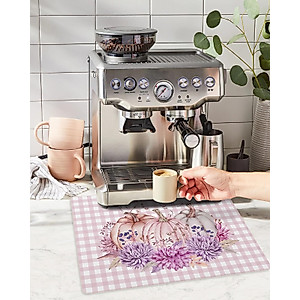 Coffee Mat for Counter, Hello Autumn Thanksgiving Pumpkins Pink Plaid Absorbent Hide Stain Coffee Bar Mat, Non-slip Coffee Bar Accessories Kitchen Drying Mat Fit Under Coffee Maker Espresso Machine