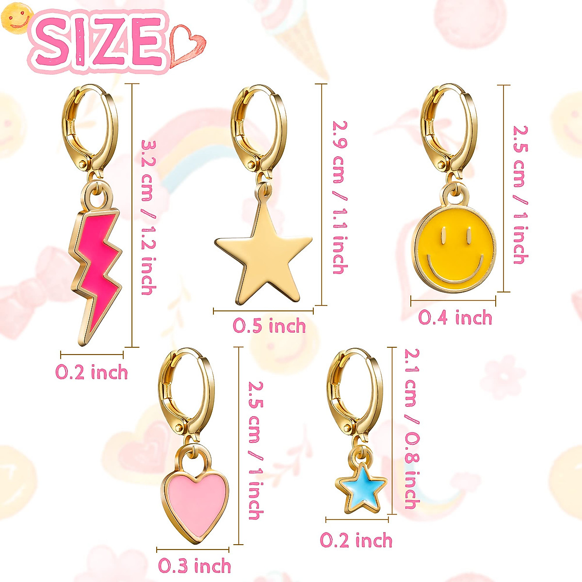 LieToi 9 Pairs Preppy Earrings Pack with Colorful Happy Smile Lightning Bolt Heart Star Charms Pendants Gold Small Huggie Hoop Dangle Earrings Trendy Y2K Preppy Jewelry Gifts for Teens Women