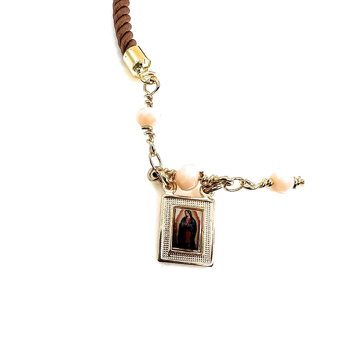 LESLIE BOULES Catholic Scapular Bracelet Crystal Beads & Brown Satin Cord