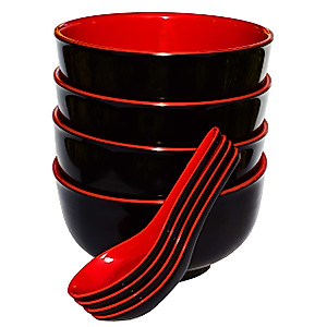 Calvin & Co Set of 4 Melamine Miso Soup Cereal Bowls and Spoons 5 inches (Small, Red & Black) 11 fluid ounces