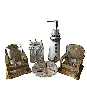 RuShi Nautical Bathroom Accessory Set, 5 pcs; 1 Lighthouse Hand Soap Holder; 1 Beach Tent Toothbrush Container; 2 Beach Chairs Glass Holders and 1 Starfish Themed soap Dish