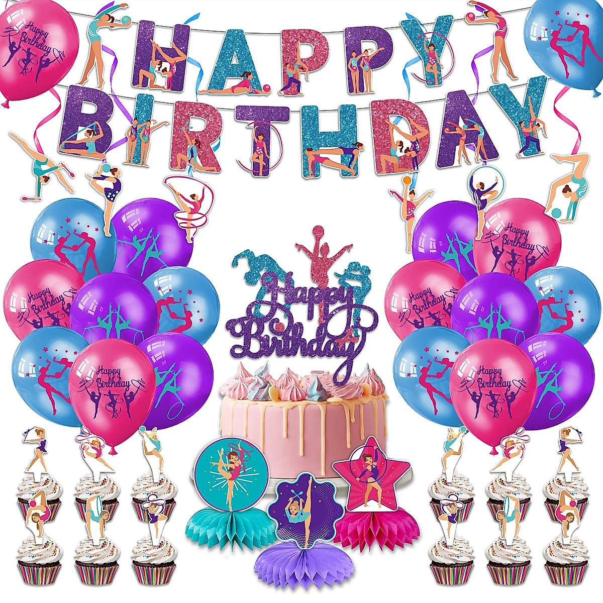 Gymnastics Birthday Party Decorations,61 Pieces Gymnastics Party Supplies for Girls,Include Gymnastics Birthday Banner,Latex Balloons,Honeycomb Centerpiece Table Decorations