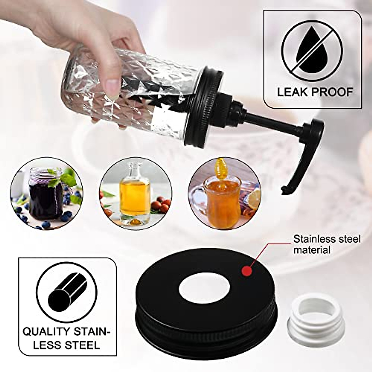 4 Pack Mason Canning Jar Syrup Dispenser Coffee Syrup Dispenser Pump Lids Set with Labels and Pen Honey Dispenser Syrup Pump for 16 oz Regular Mouth Mason Canning Jars