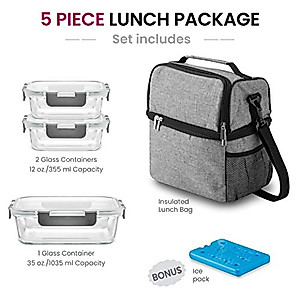 FINEDINE Lunch Bag with Glass Containers - Insulated Lunch Box for Women and Men - Leakproof Locking Lids & Ice Pack - 2-Compartment Cooler Tote for Work (Grey)