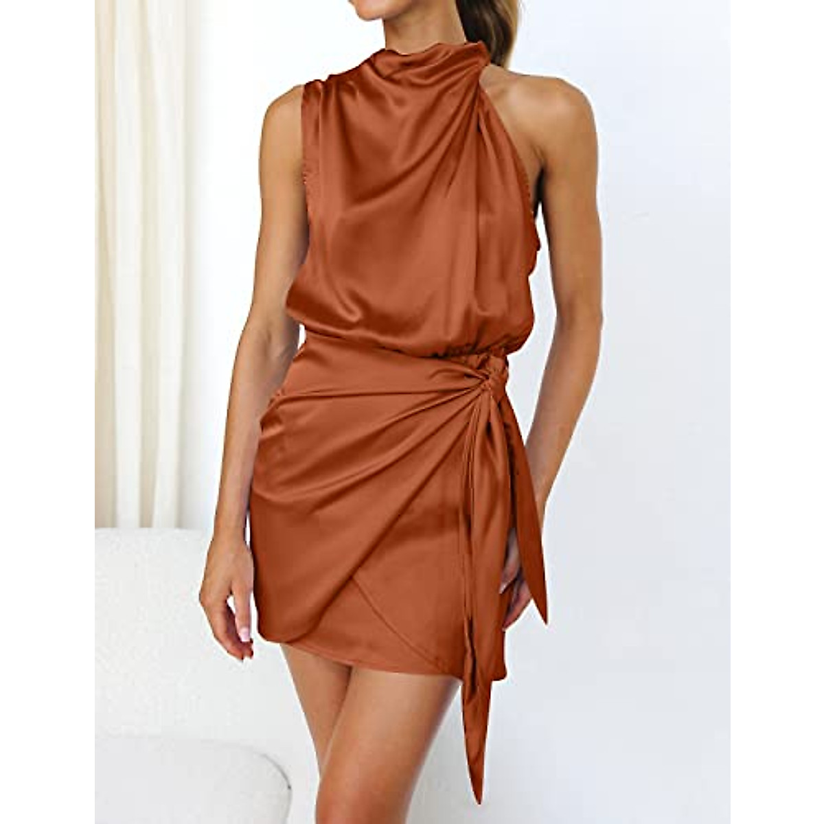 ZESICA Women's 2023 Fashion Satin Sleeveless Halter Neck Tie Waist Wrap Bodycon Cocktail Party Mini Dress,Rust,Medium