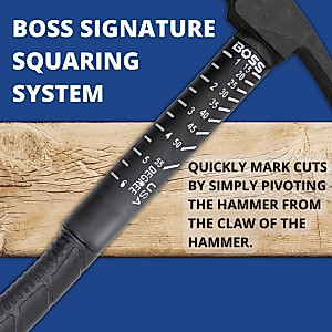 Boss Hammer Premium 4340 Steel Rip Claw Hammer with Tough-Fiber Shock-Absorbing Fiberglass Handle - 18 oz, Cerakote Finish, Milled Faced, No-Slip Grip - BH18STPFM