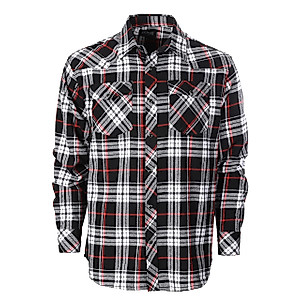 Gioberti Men 100% Cotton Western Flannel Plaid Shirt w/Snap-on Button, Black White Red Line, X-Large