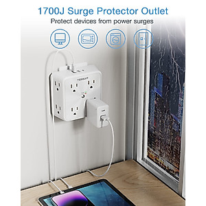 Surge Protector 8 Outlet Extender, TESSAN Multi Outlet Splitter with 3 USB Wall Charger (1 USB C Port), 3-Sided Multiple Plug Power Strip 1700J, USB Charging Station for Home Office Dorm Room