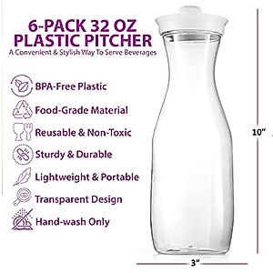 DilaBee Plastic Water Pitcher With Lid (6-Pack, 32 Oz) Round Carafe Pitchers for drinks, Milk, Smoothie, Iced Tea, Mimosa Bar Supplies - Juice Containers with Lids for Fridge - Food Grade BPA-Free