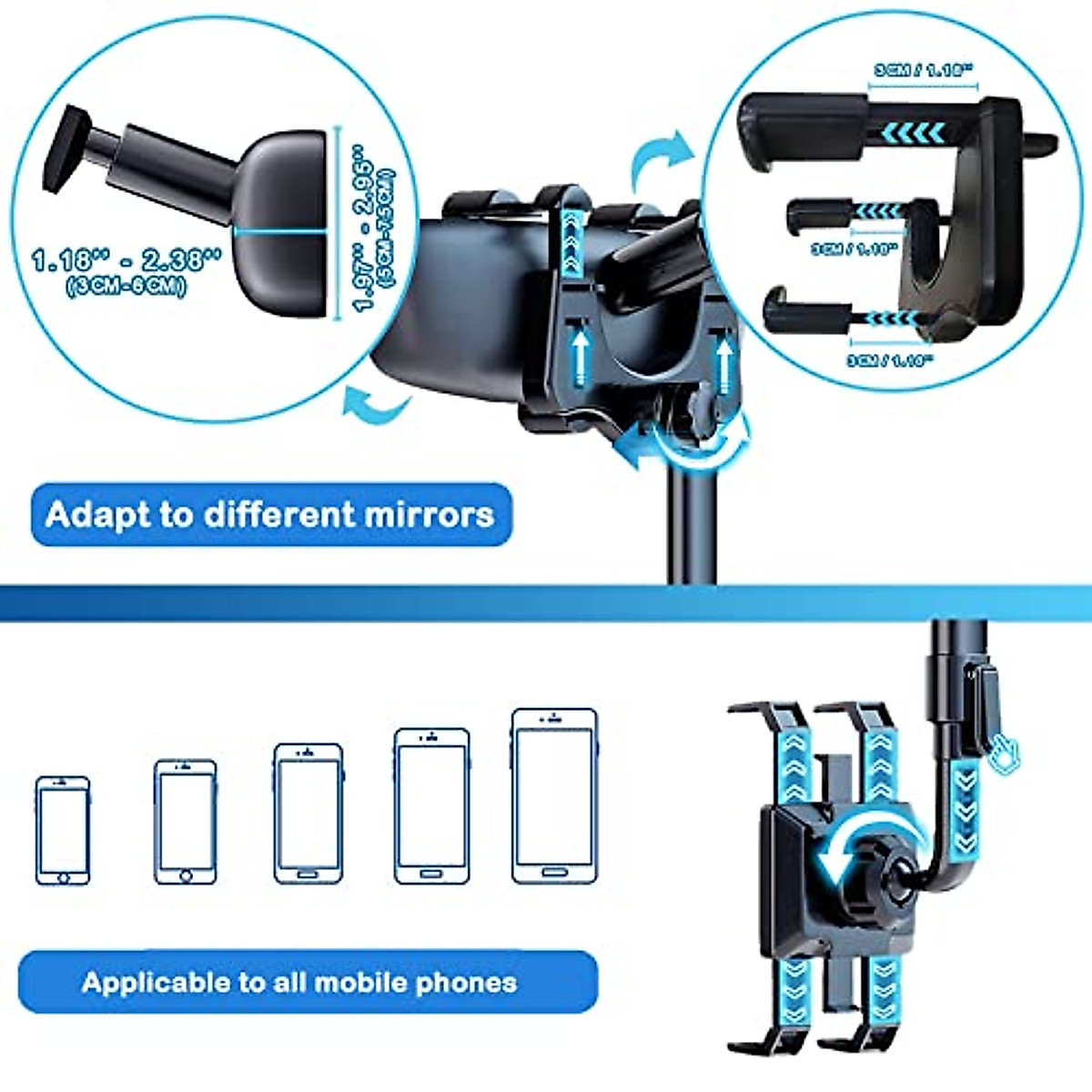 wancalo 2023 Retractable Car Phone Holder -【New Version】 Multifunctional Rearview Mirror Holder, 360° Rotatable Rear View Mount for All Phones