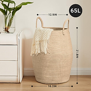 Fiona's magic Large Laundry Hamper Basket, 65L Woven Tall Clothes Hamper for Storage Blanket, Toys and Dirty Cothes in Bedroom and Living Room Organizer, Brown