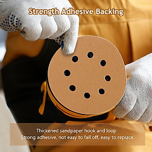 SUPBICCO 50 PCS 5 Inch 8 Hole Sanding Discs Hook and Loop, 60 80 120 220 320 Assorted Grits Sand Paper Disc for Random Orbital Sander, Gold Sandpaper Pads for Automotive and Woodworking