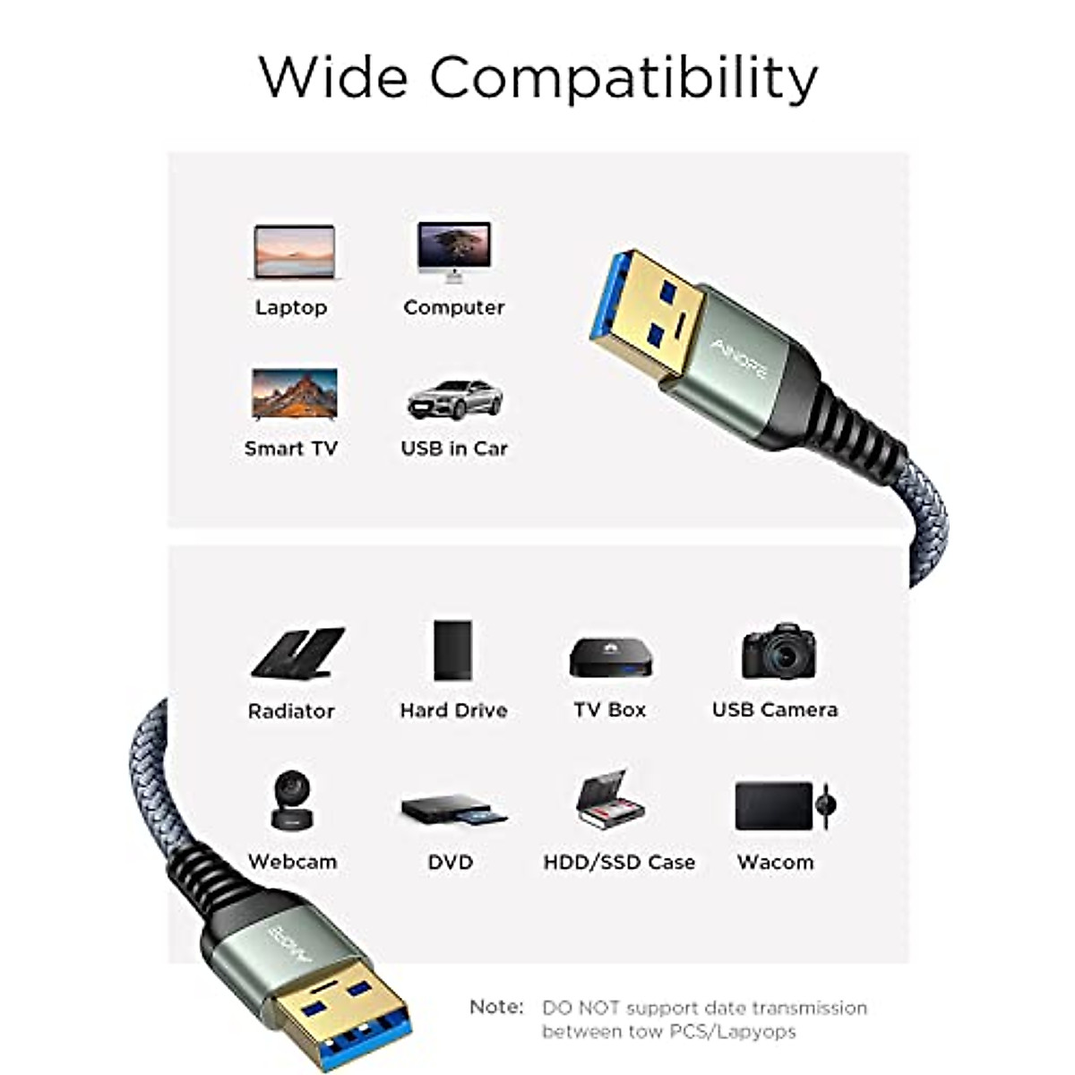 AINOPE USB to USB Cable, USB 3.0 to USB 3.0 Cable [1.5FT][Never Rupture] USB A Male to Male Cable Double End USB Cord Compatible with Hard Drive Enclosures, DVD Player, Laptop Cool-Grey