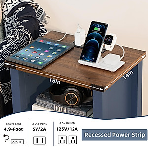 Joaxswe Night Stand with Charging Station and USB Port, 18 Inch Farmhouse Nightstand with Storage Shelf, Rustic Couch End Table with Magnetic Door, Wood Bed Side Tables for Bedroom, Home, Nayv Blue