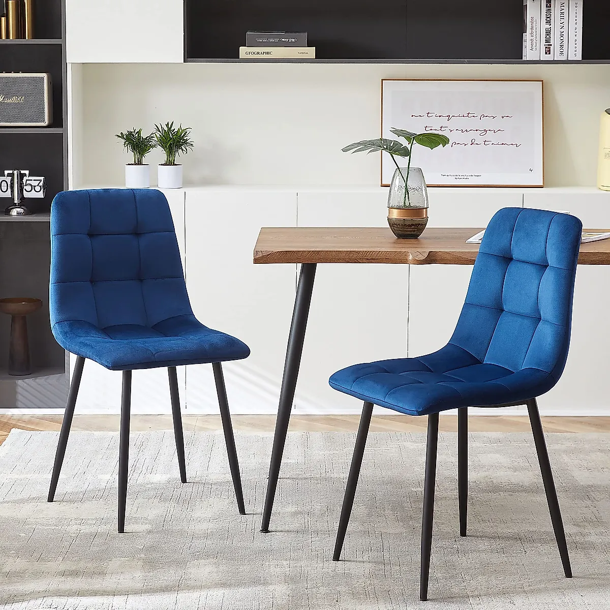 NORDICANA Navy Blue Velvet Dinner Chairs Set of 4, Modern Armless Biscuit Tufted Dining Side Chairs with Metal Legs for Kitchen Living Room Vanity