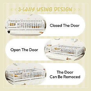ChicFurnit Bed Frame, Twin Size Bed with Safety Guardrails & Door, Kids Floor Bed with Removed Slats, Floor Bed Frame with Low Profile Design for Bedroom, Living Room, No Box Spring Needed, White