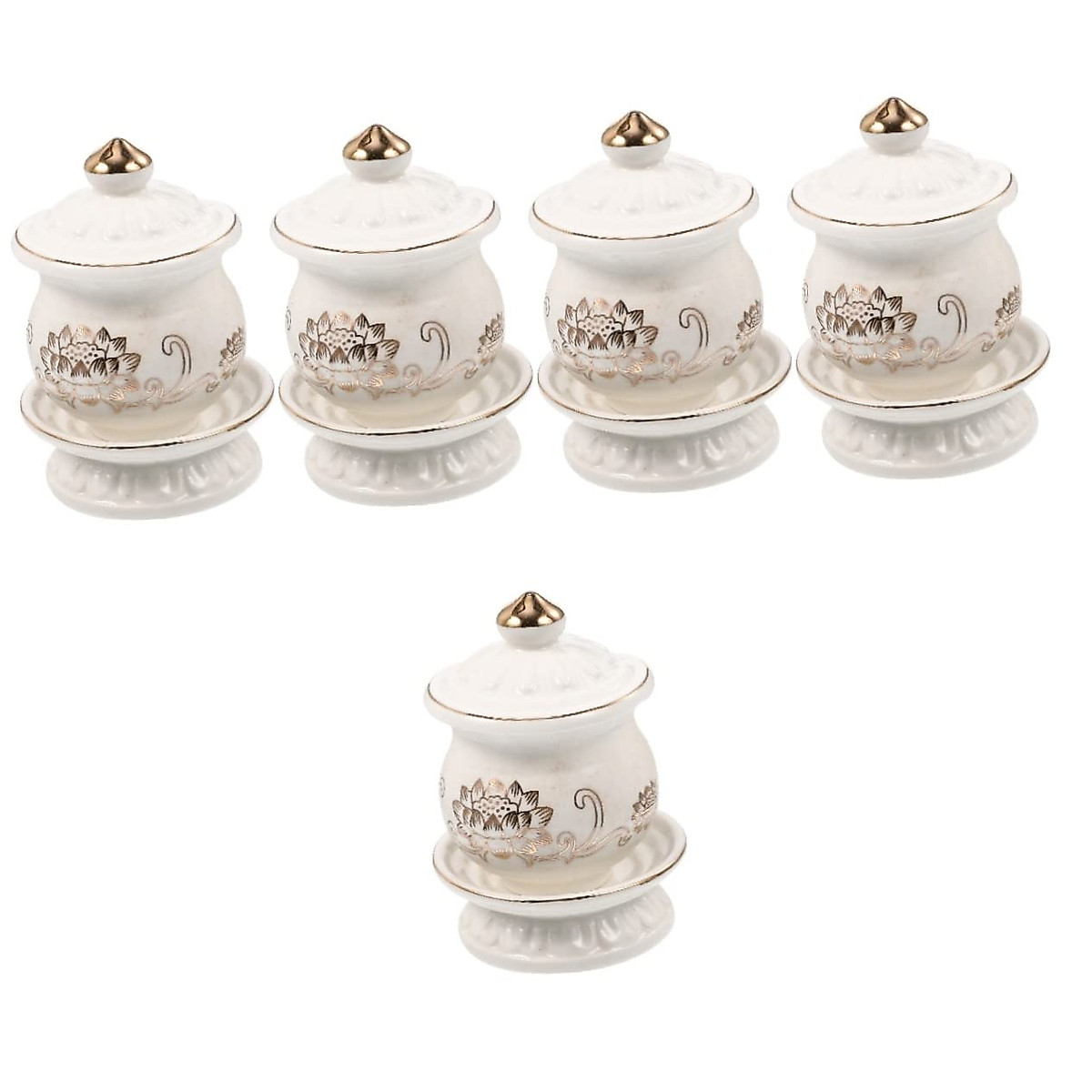 Tofficu 5pcs Bowl Buddhist Supply Relief Ceramic Decoration for Printed Altar Ritual White Offering Holy Lotus Smudging Container with Religion Buddhism Tibetan Home Cup Yoga Water