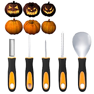 YUET Halloween Pumpkin Carving Kit, 5PCS Professional Sculpting Tools Carving Set, Heavy Duty Stainless Steel, with Stickers and Carrying Bag, for Adults Or Kids, Halloween Decorations Jack-O-Lanterns