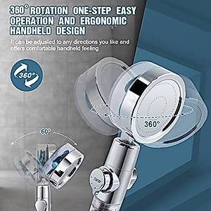 High Pressure Shower Head, Turbo Fan Vortex Shower Head Hydro Jet Handheld Shower Head with Hose, Filtered Shower Propeller, 360 Degrees Rotating, One Key Pause Switch, Filtration Mineral Stone Beads