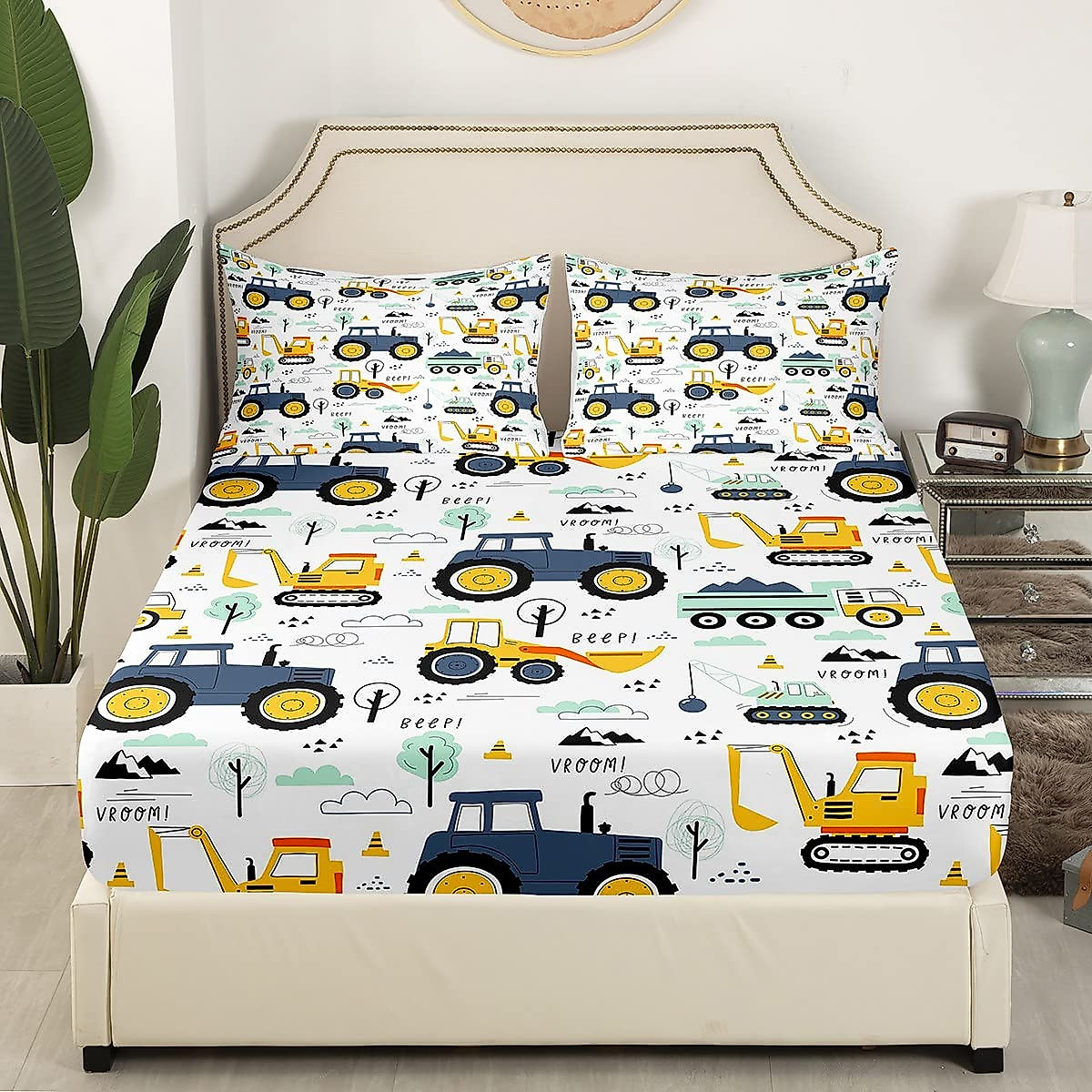 Excavator Tractor Bed Sheets King,Construction Vehicles Sheet Set for Kids Girls Teens Bedroom,Cartoon Car Toddler Bed Sheet with 2 Pillowcases,Equipment Trucks Sheets Boys Truck Room Decor