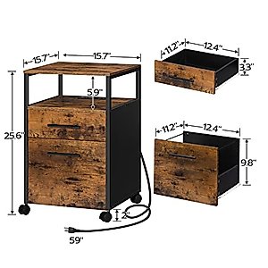 HOOBRO 2 Drawers File Cabinet, Filing Cabinet with Charging Station, Office Cabinet with Open Shelf, Wheels, Hanging File Folders, for A4, Letter Size, Home Office, Rustic Brown BF651WJ01