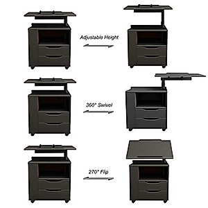 SogesHome Height Adjustable Nightstand with Lockable Wheels, Over-Bed Movable Bedside Table with 2-Drawers, Bedroom Side Storage Cabinet with 1-Open Cube, Black