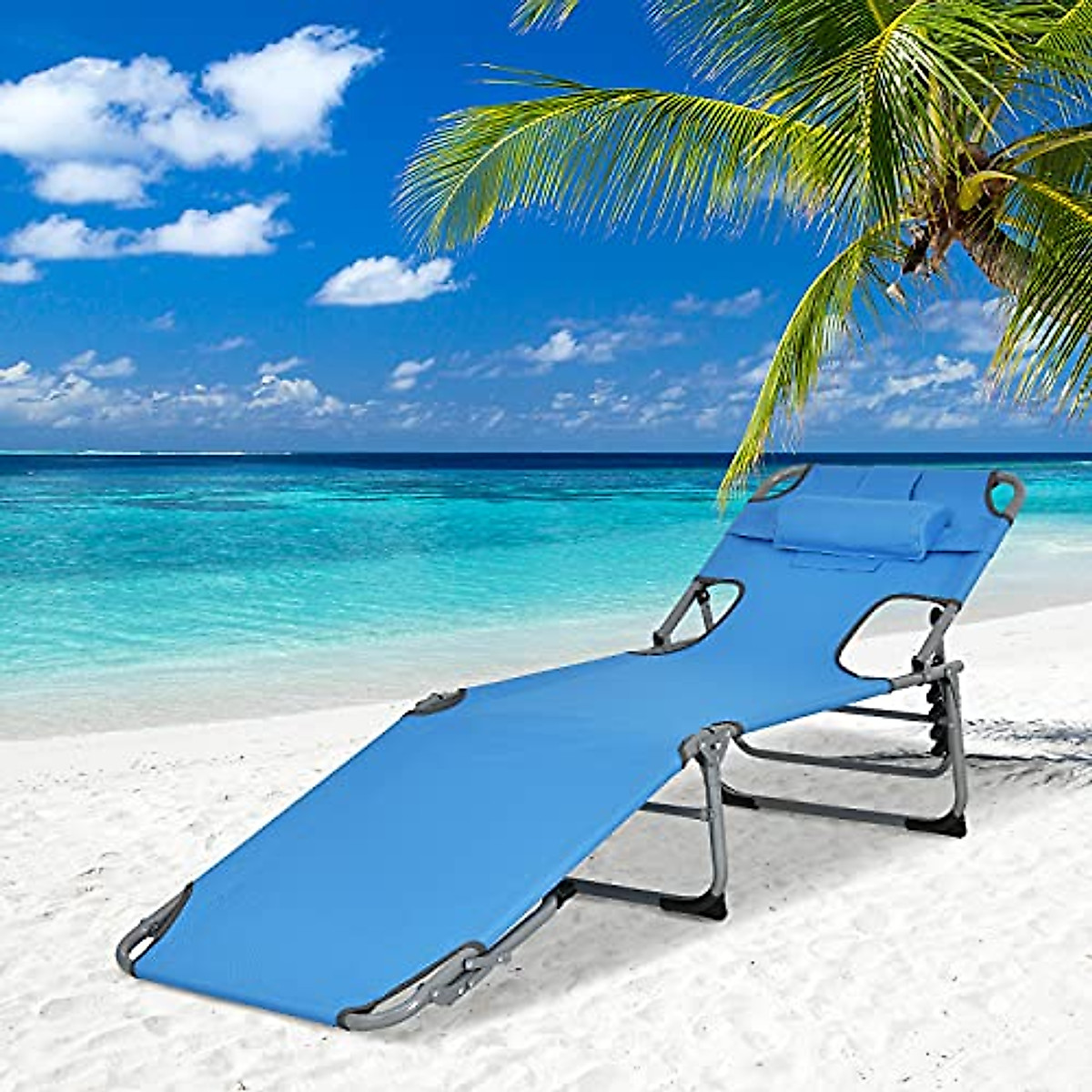 BANGTANE Tanning Chair, Lounge Chair for Outside, Portable Folding Beach Lounger w/ 5 Backrest Positions, Face Hole & Removable Pillow, 331LBS, Ideal for Poolside, Beach, Garden (Blue)