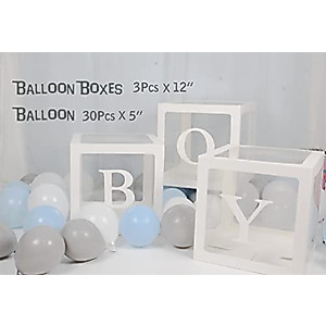 luckylibra Baby Shower Decorations For Boy, B-O-Y Transparent Balloon Boxes & Latex Balloons & It is a Boy Banners & Elephant Garland & Paper Lantern & Paper Flower Pom Poms （Grey Blue White ）