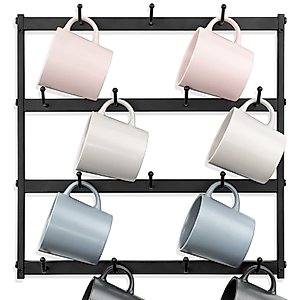 AJART Wall-Mounted Coffee Mug Holder: 14 Hooks Square Coffee Cup Rack - Metal Coffee Mug Holder Organizer Your Cups