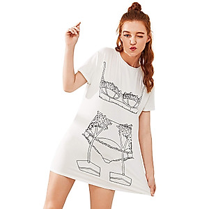 Floerns Women's Funny Lingerie Nightgown Cute Print Tshirt Sleepdress White S