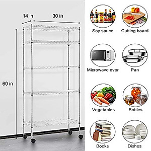 Metal Storage Shelves 5 Tier Wire Shelving Unit with Wheels, NSF Wire Shelf Utility Commercial Grade Heavy Duty Height Layer Rack for Pantry Closet Kitchen Laundry Organization ,14”Wx30”Dx60”H,Chrome
