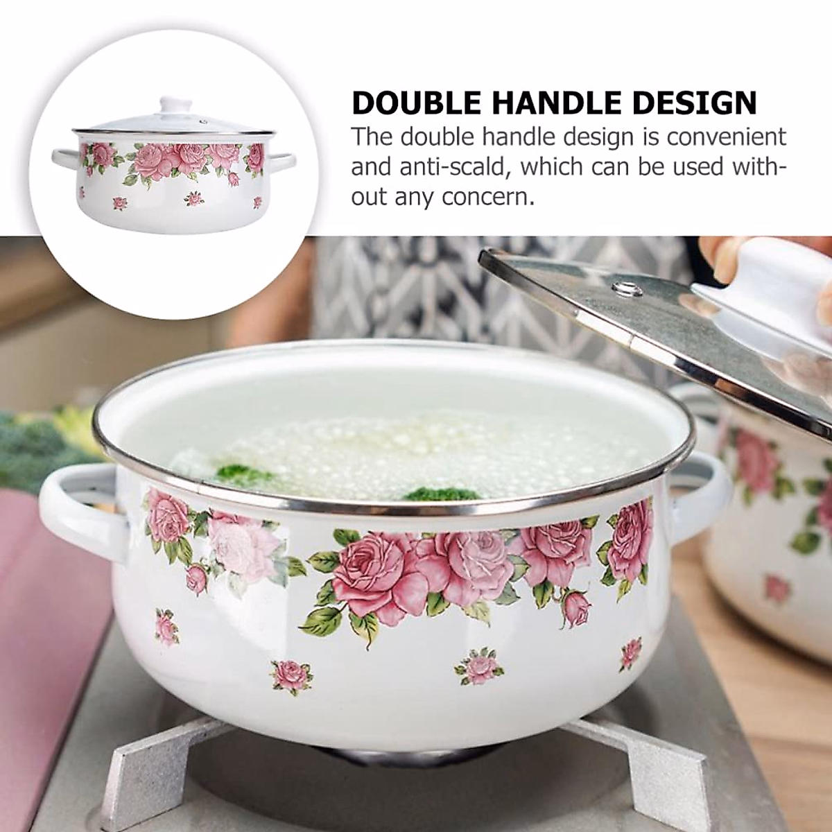 CALLARON 1 Set Enamel Stockpot with Lid Vintage Floral Enamel on Steel Cooking Pot Enamelware Stew Nonstick Soup Pot Stove Cookware for Home Kitchen Restaurant Pink 1.5L