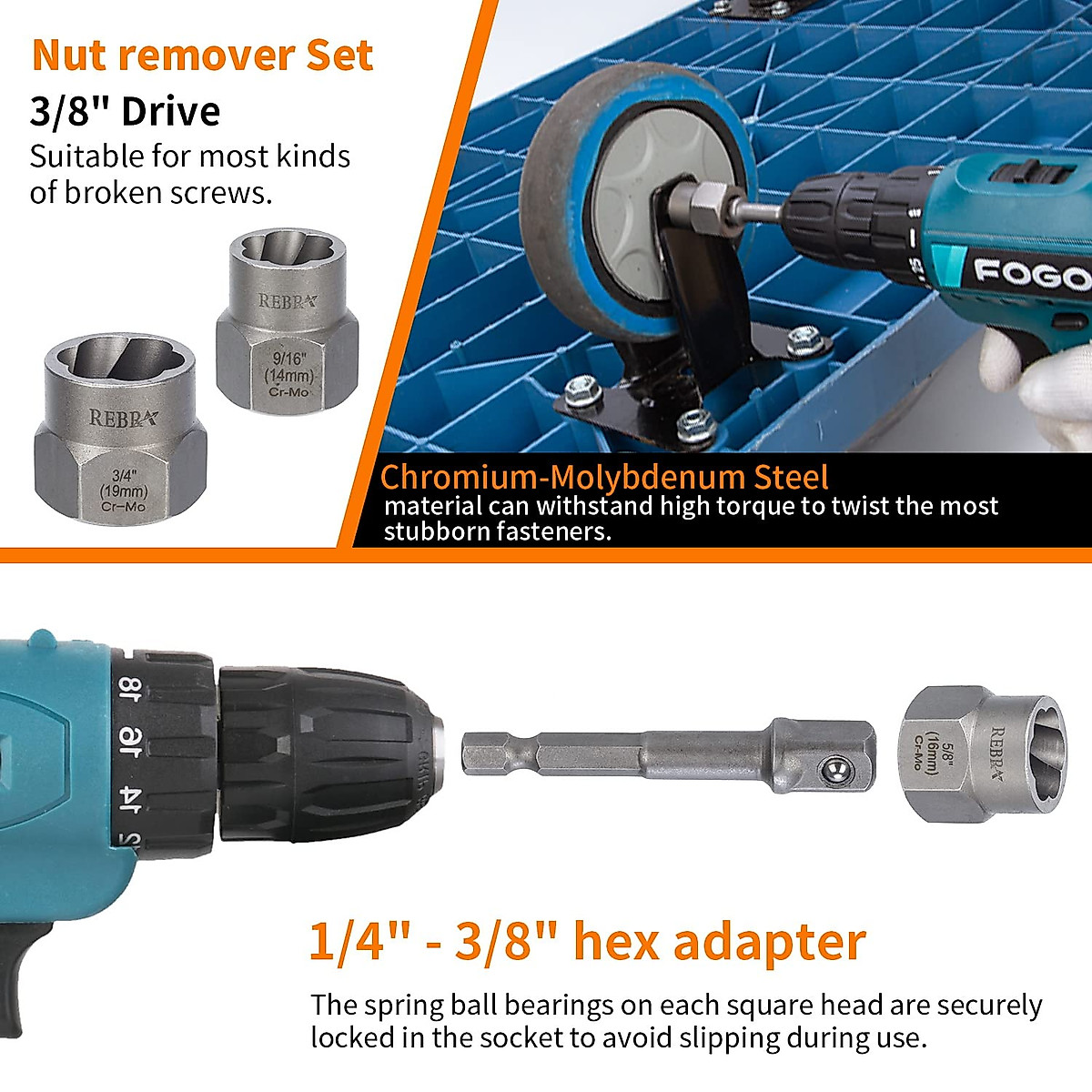 REBRA Screw&Bolt Extractor Set and Left-Hand Drill Bit Set, with Hex Adapter, Easy Out Stripped Screw Remover Socket Set Tool for Stripped, Damaged, Rounded-Off, Rusted Bolts, Nuts&Screws 26-Pieces