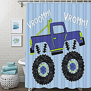 Svnthqp 4 Piece Monster Truck Waterproof Fabric Bathroom Sets with Non-Slip Rugs, Toilet Lid Cover and Bath Mat, Waterproof Shower Curtain with Standard Size