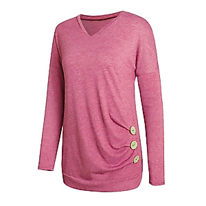 Women Long Sleeve Shirts Loose Side Button Trim Blouse Classic Color Patchwork V-Neck Tunic Pullover Tops Pink