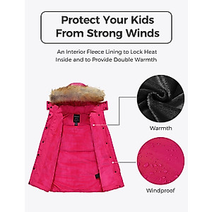 wantdo Girl's Winter Coats Long Puffer Coats Warm Fleece Jacket With Hood Rose Red 10-12