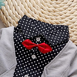 Baby Boys 2PCS Pants Suit, Polka Dot Long Sleeve Bow Folded Collar Button-Down Blouse, Long Elastic Band Pants Set (Grey, 6-12 Months)