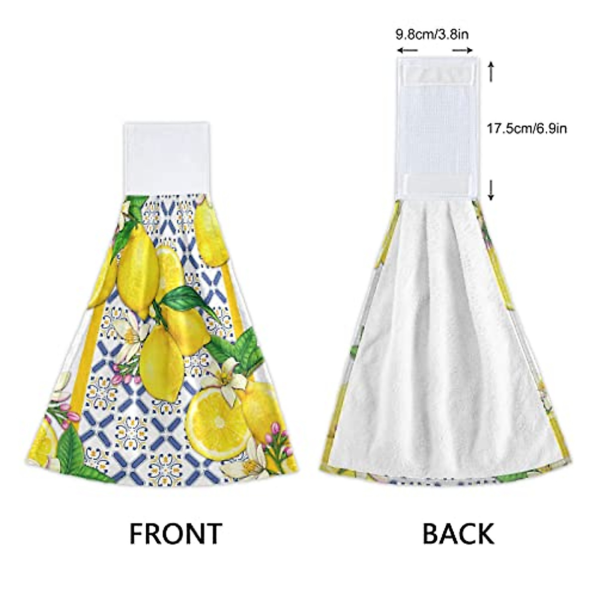 BOENLE Lemon Kitchen Hand Towels Set of 2 Yellow Mediterranean Tile Hanging Tea Towel Bathroom Soft Absorbent Coral Fleece Dish Wash Cloth Decorative