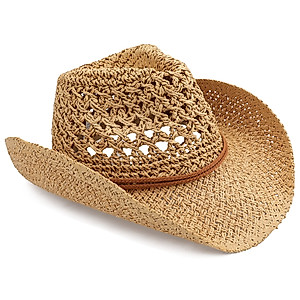 Melesh Adult Sun Straw Western Cowboy Hat (Khaki)