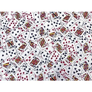 AMORNPHAN 44 Inch Casino Poker Classical Colors with Playing Card Suits Gamble Gaming Luck Pattern Printed On White Cotton Fabric for Craft Cloth Kid Patchwork Handmade Sewing Crafting for 1 Yard
