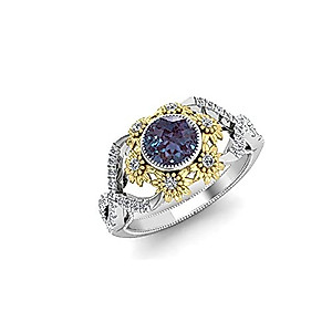 2 1/2 CT Round Shape Simulated Violet Alexandrite & White Cubic Zirconia Floral Wedding Engagement Ring in 14K White Gold Plated 925 Sterling Silver (2.50 Cttw) Ring Size - 6